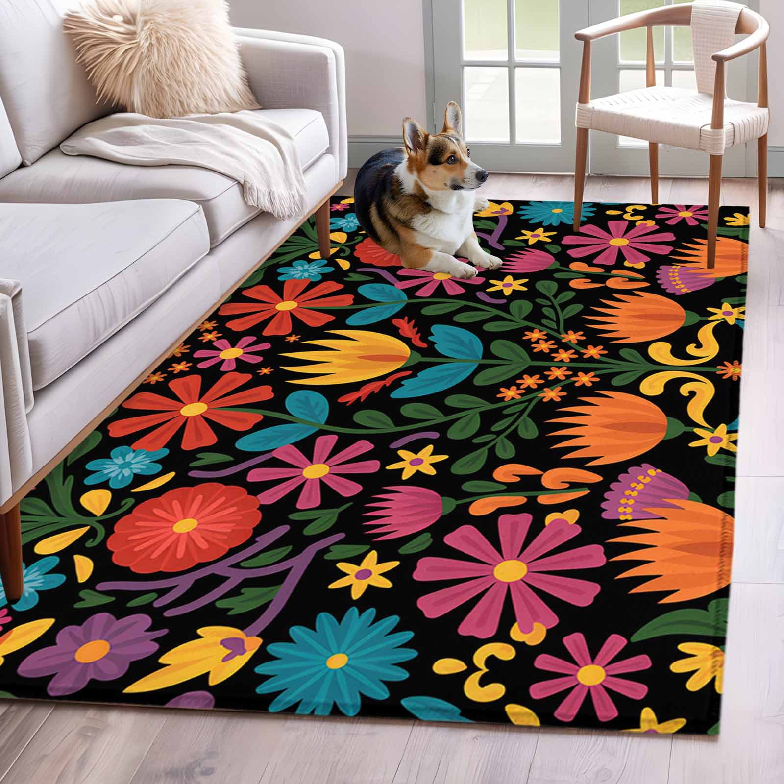 Colorful Mexico Floral Area Rugs 3x5 ft Abstract Yellow Orange Daisy ...