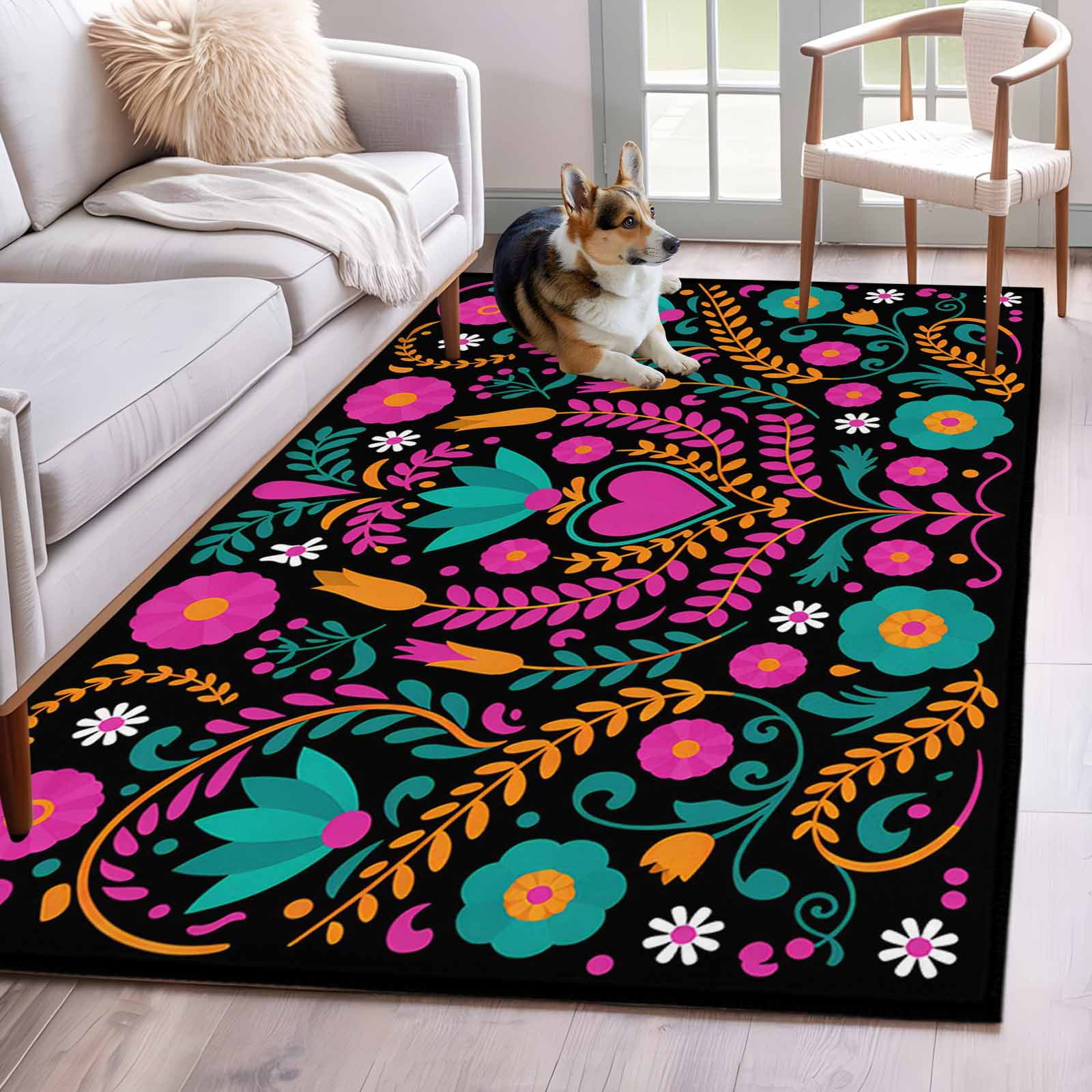 Colorful Mexico Floral Area Rugs 4x6 ft Abstract Pink Orange Green ...