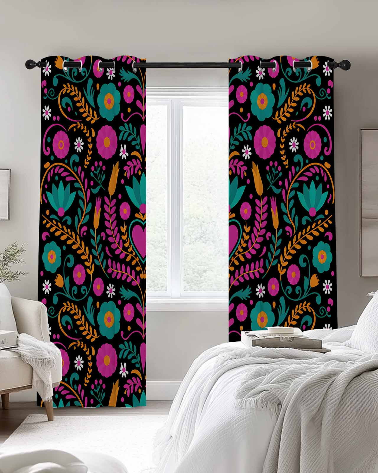 Colorful Mexico Floral Blackout Curtains 2 Panels Abstract Pink Orange ...