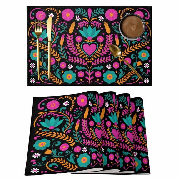 Colorful Mexico Floral Cotton Linen Placemats Set of 4, Abstract Pink ...