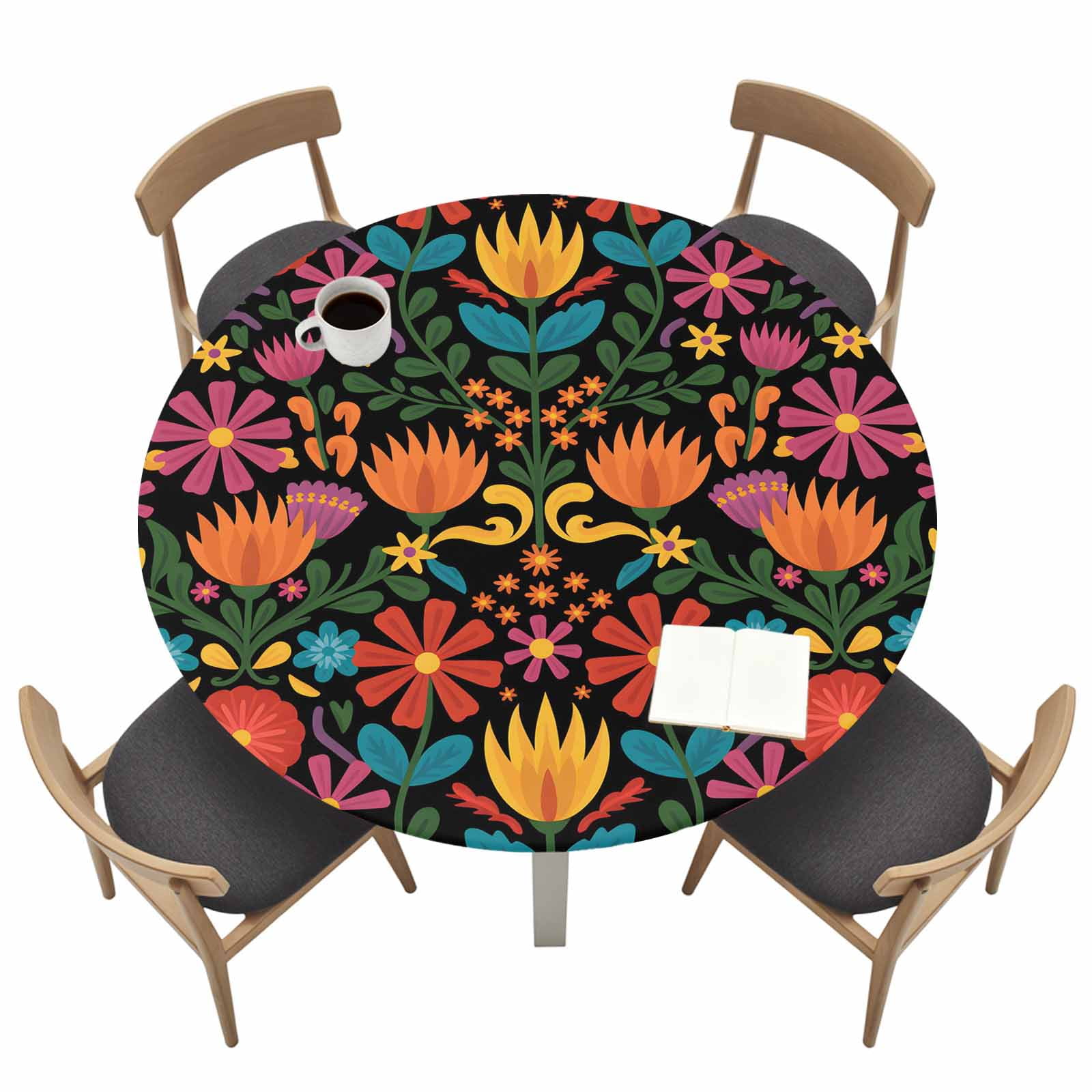 Colorful Mexico Floral Round Fitted Tablecloth with Elastic Edge ...