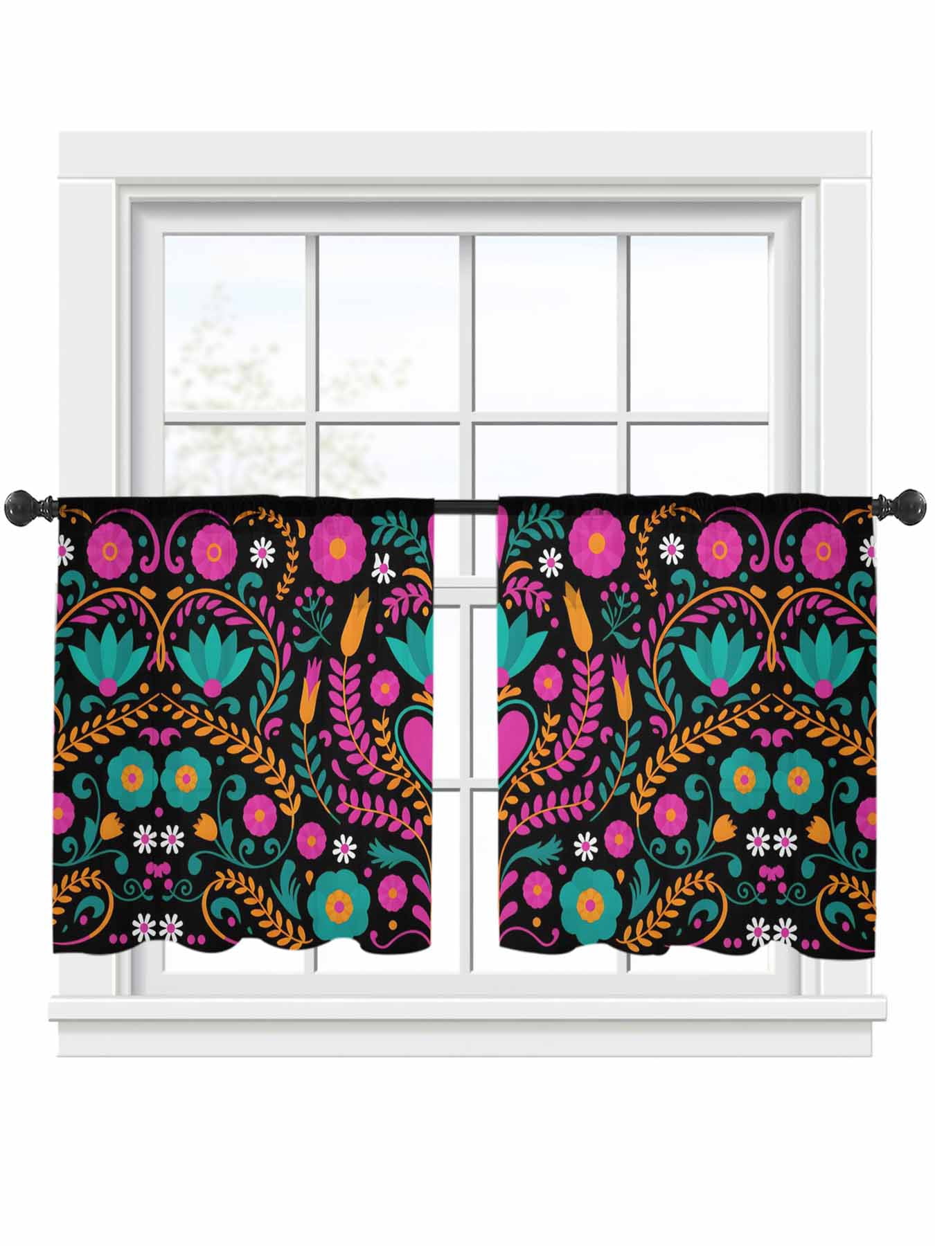 Colorful Mexico Floral Sheer Curtains 54 Inch Long 2 Panels, Abstract ...