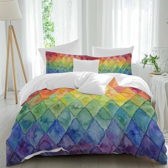 Colorful Modern Geometric Duvet Cover Set Full Size, Watercolor Rainbow ...