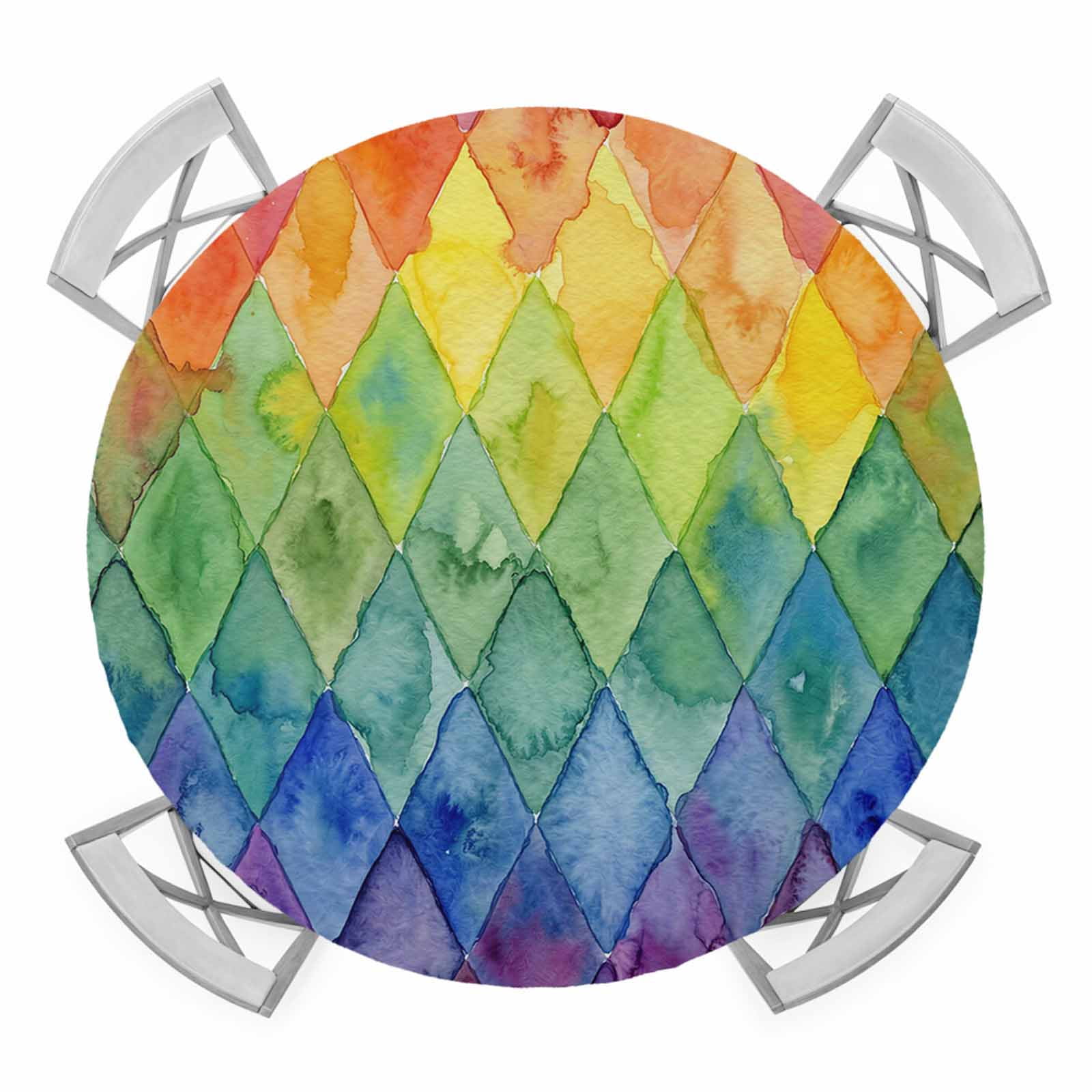 Colorful Modern Geometric Round Table Cover, Watercolor Rainbow Diamond ...