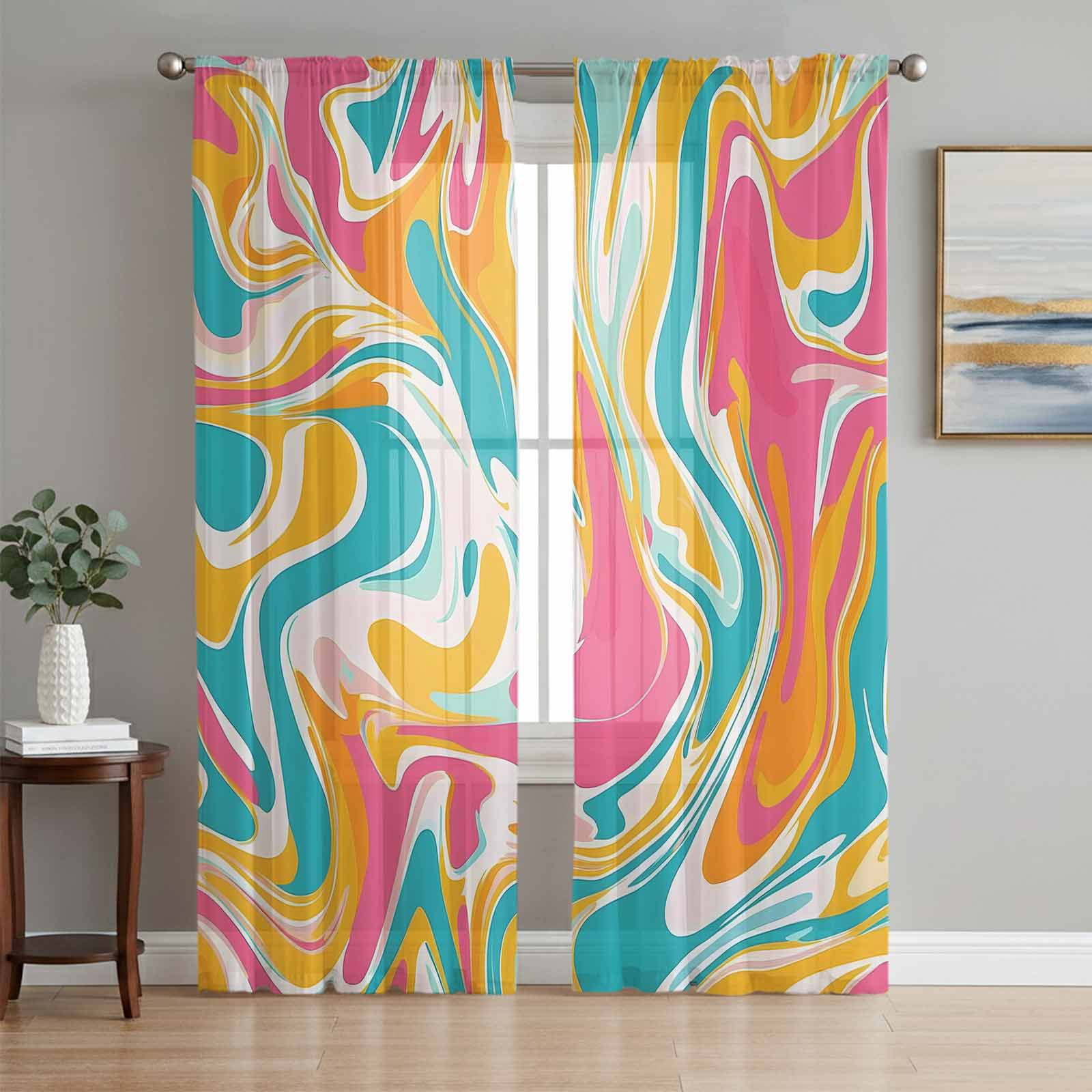 Colorful Modern Sheer Curtains 84 Inch Length 2 Panels Set, Moire ...