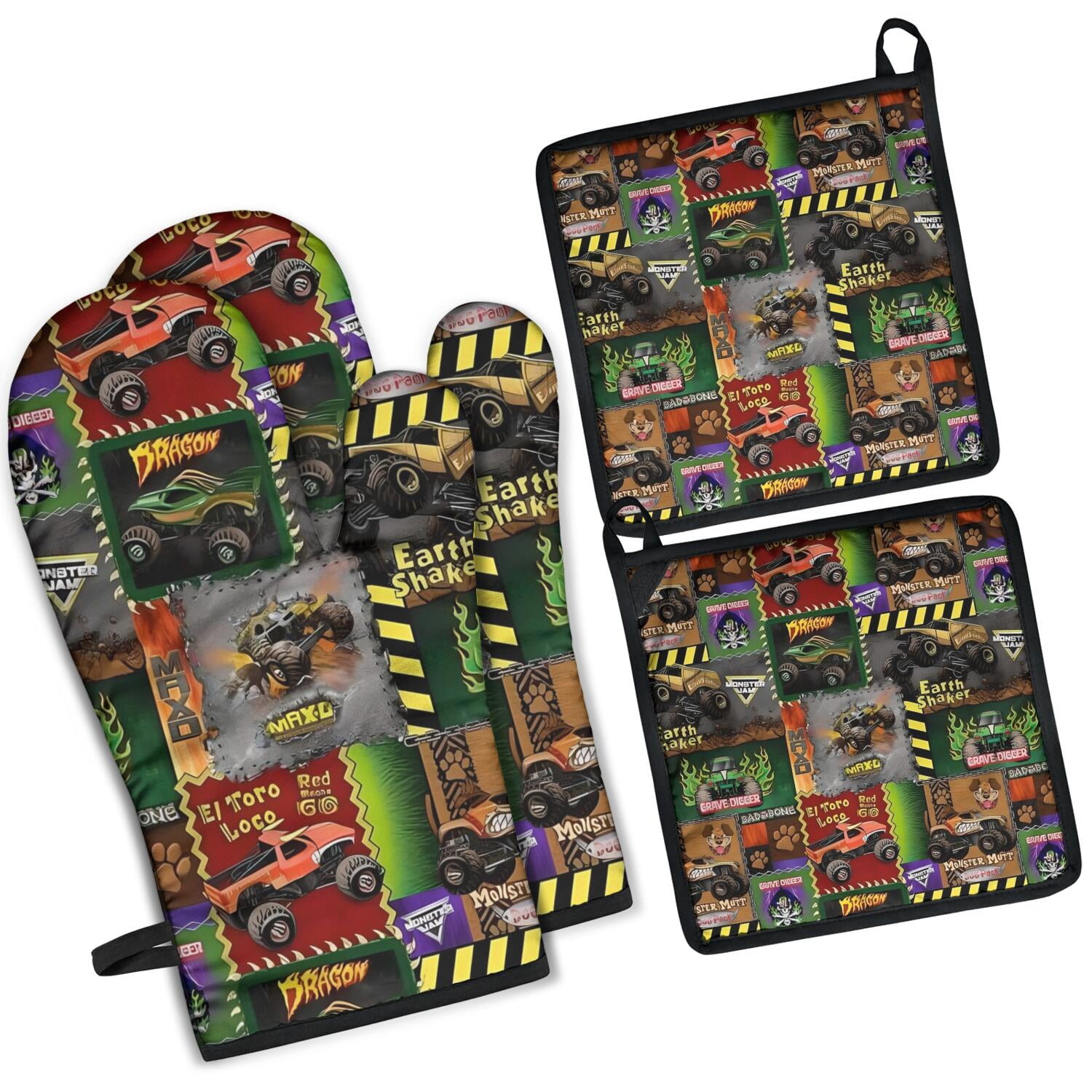 Colorful Monster Cartoon Trucks Patch Pattern Kitchen Oven Mitt and Pot ...