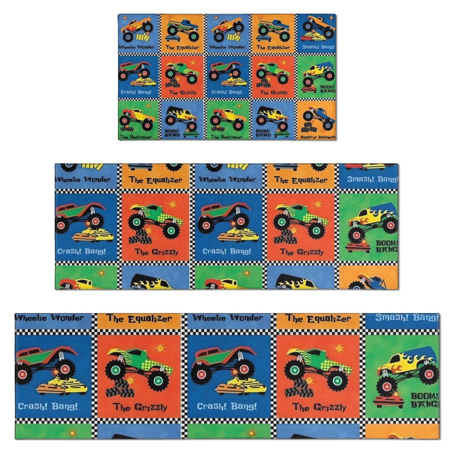 Colorful Monster Cartoon Trucks Pattern Kitchen Rugs Sets Of 3,Kitchen ...