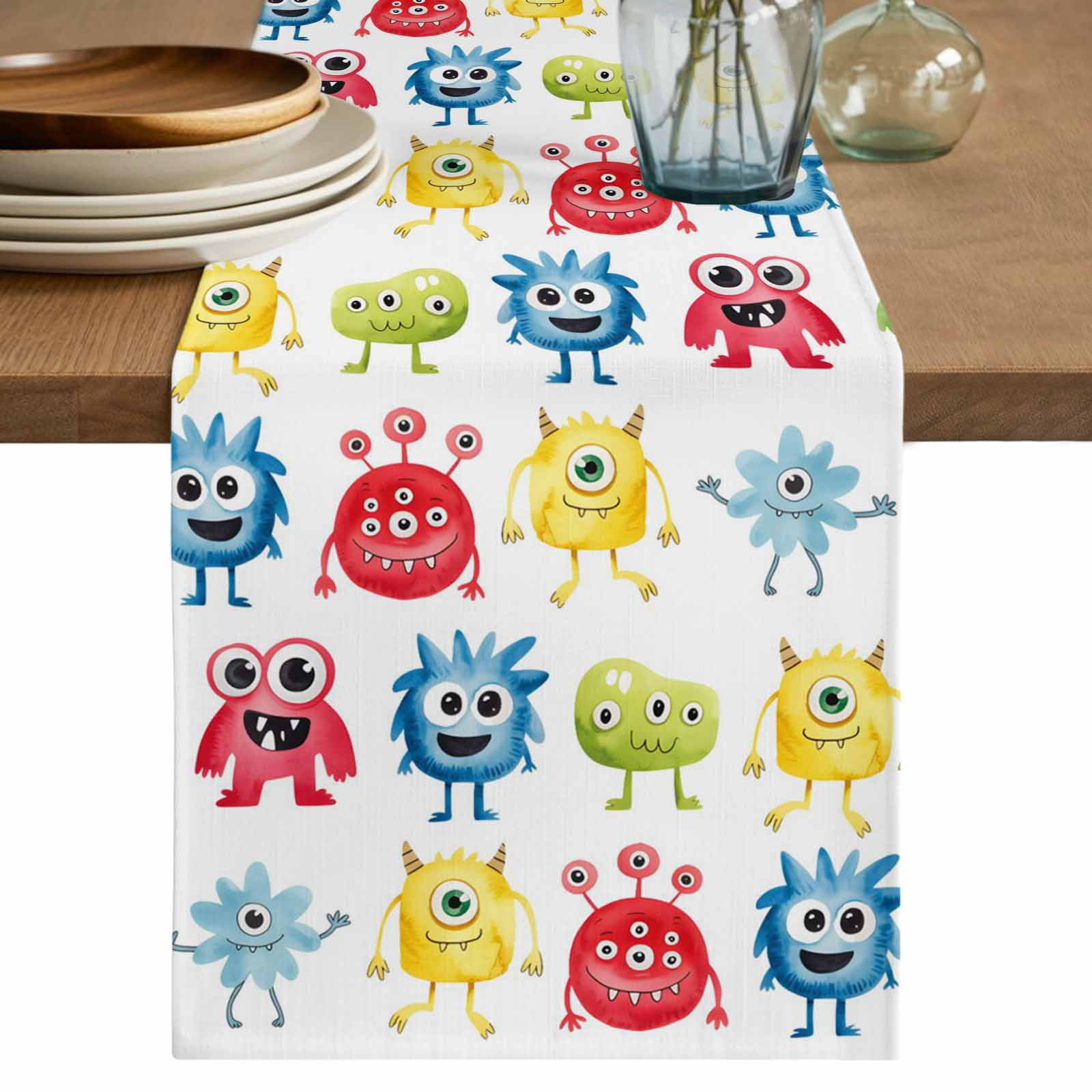 Colorful Monsters Table Runner 48 Inches, Abstract Cartoon Cute ...