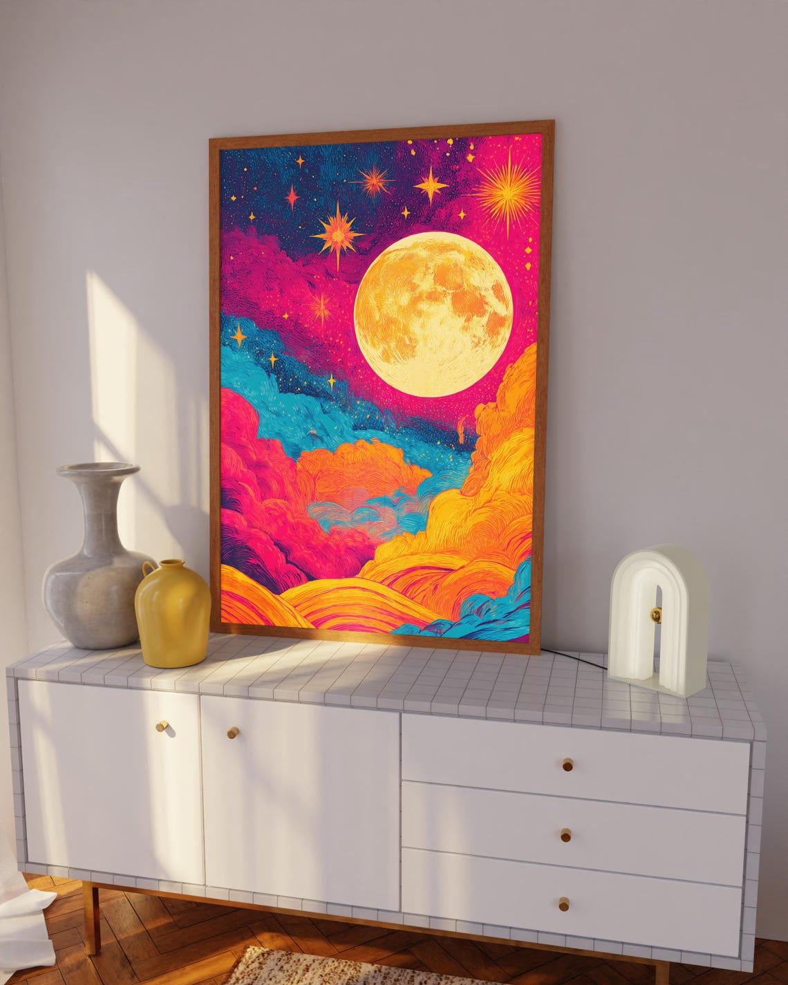 Colorful Moon And Stars Art Print, Dreamy Celestial Landscape Wall Art ...