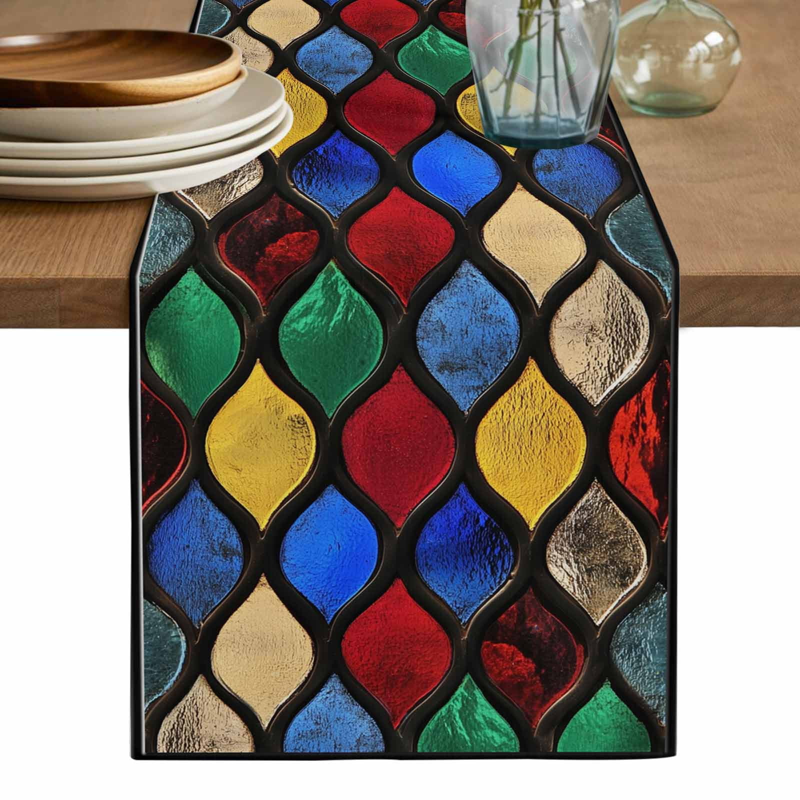 Colorful Morocco Table Runner, Modern Geometric Abstract Art Washable ...