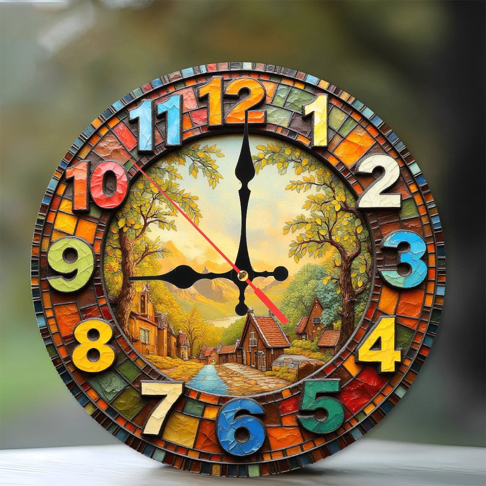 Colorful Mosaic Wall Clock with Scenic Landscape 10-Inch Silent Wooden Wall Clock, Battery ...