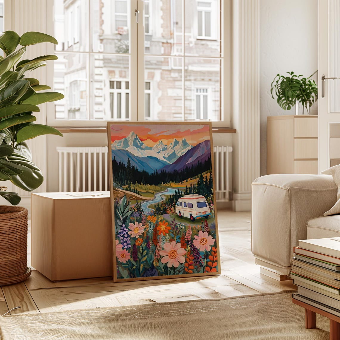 Colorful Mountain Camper Van Art Vibrant Wildflower Landscape With ...