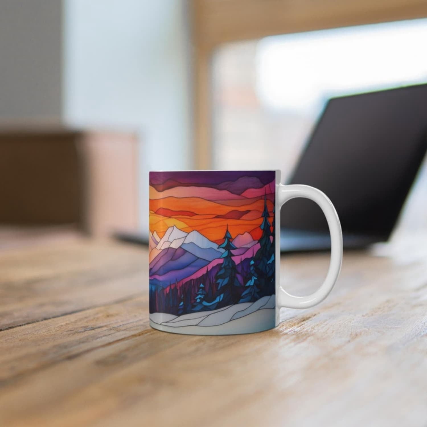 Colorful Mountain Lake Sun Ceramic Mug, Stained Gl Style Snowy Valley ...