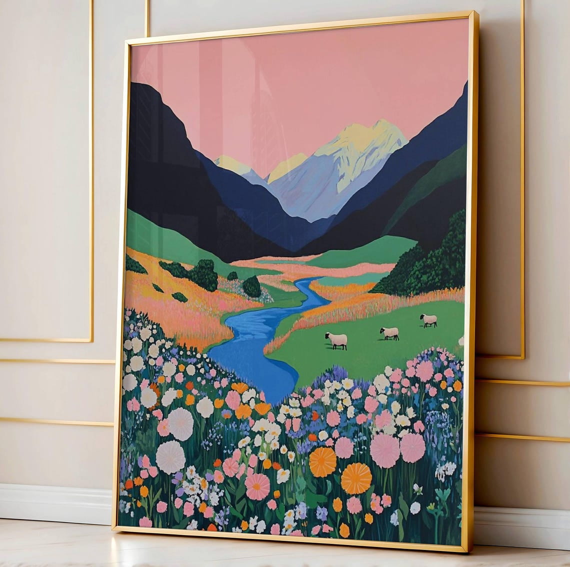 Colorful Mountain Landscape Art, Vibrant Nature Pastoral Scenic Wall ...