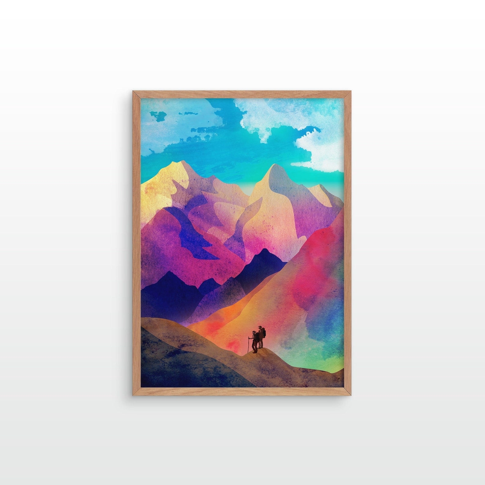 Colorful Mountain Landscape Hiker Adventure Poster Abstract Mountain ...