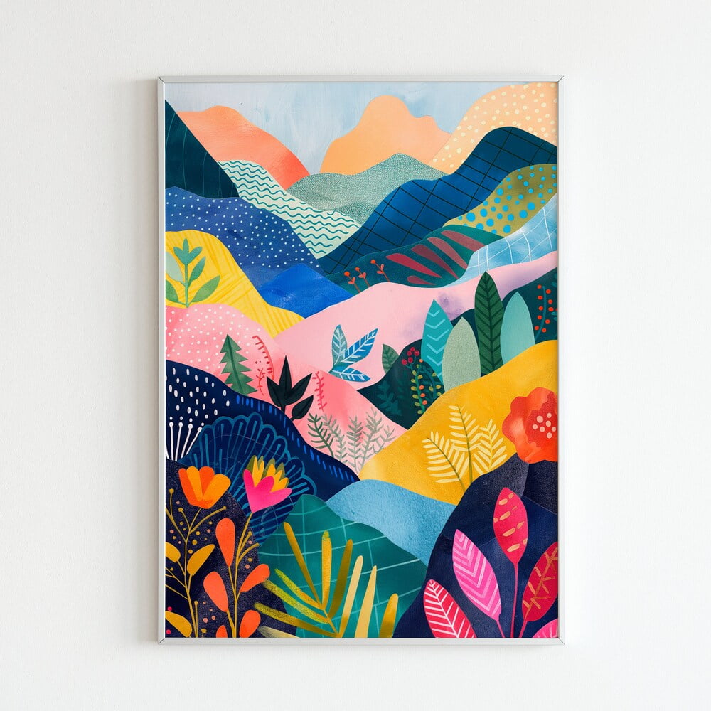 Colorful Mountain Landscape Poster, Abstract Floral Wall Art, Vibrant ...