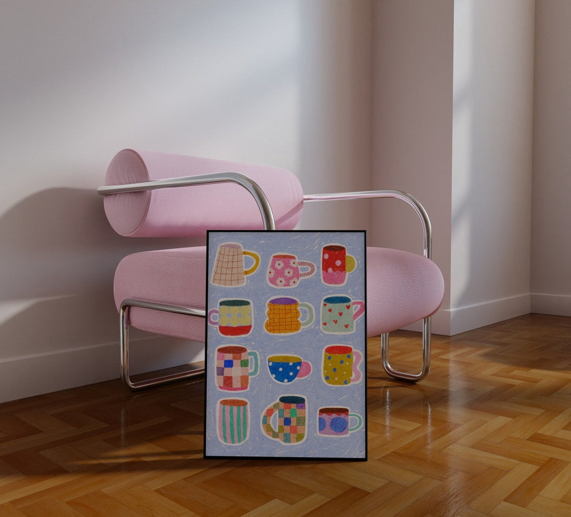 Colorful Mugs Kitchen Still Life Illustration, Stretched Canvas 8x10in ...