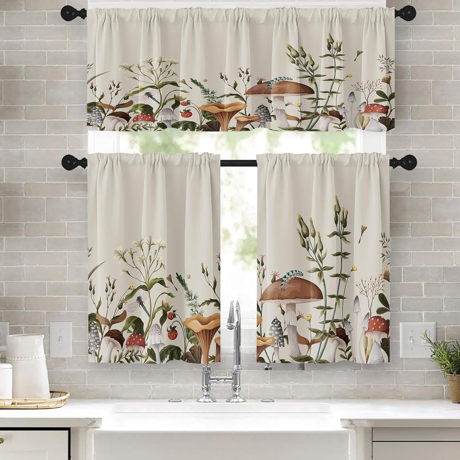 Colorful Mushroom Kitchen Window Curtains Valance and Tier Set 36 Inch ...