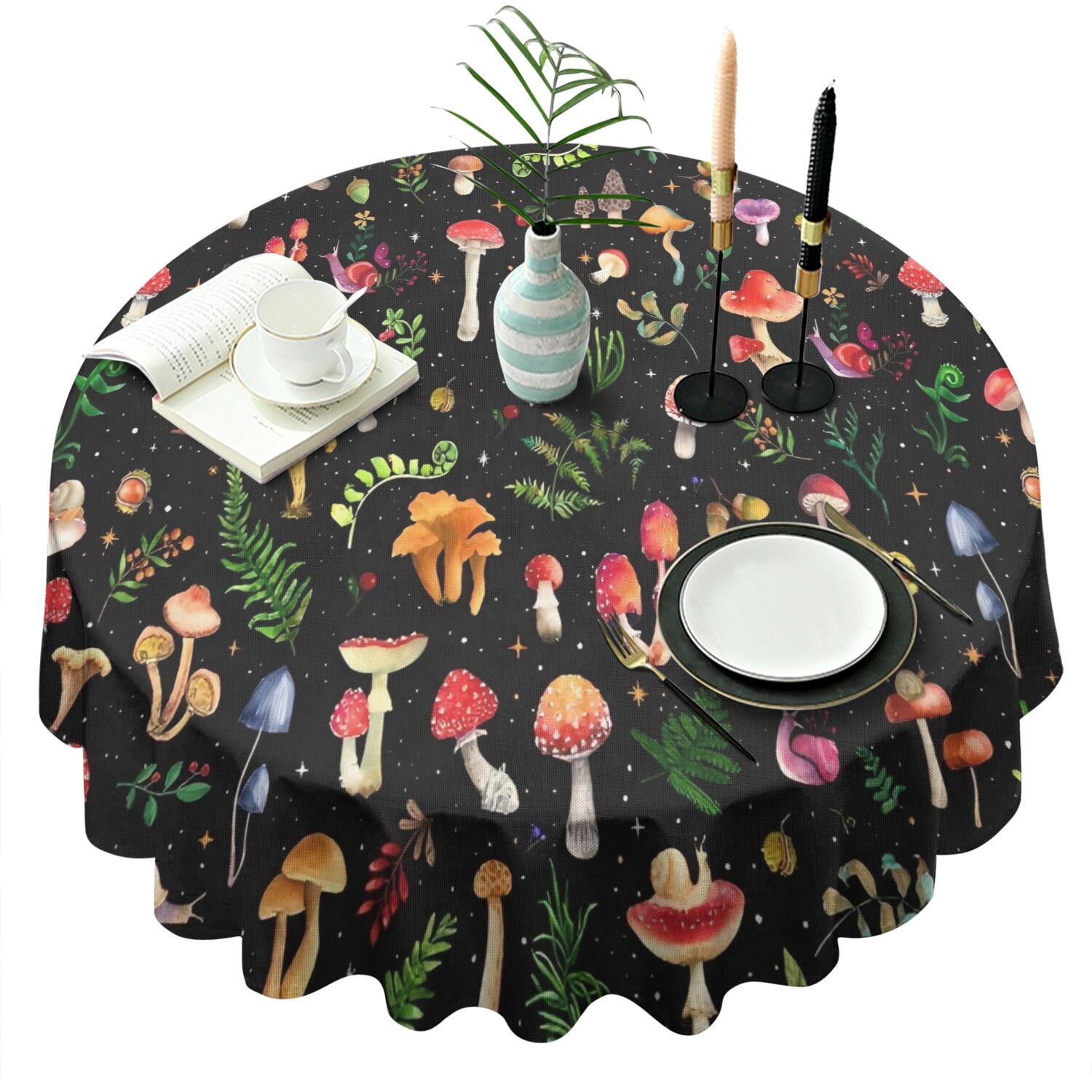 Colorful Mushroom Leaf Black Pattern Round Tablecloth 60"x60",Wrinkle ...
