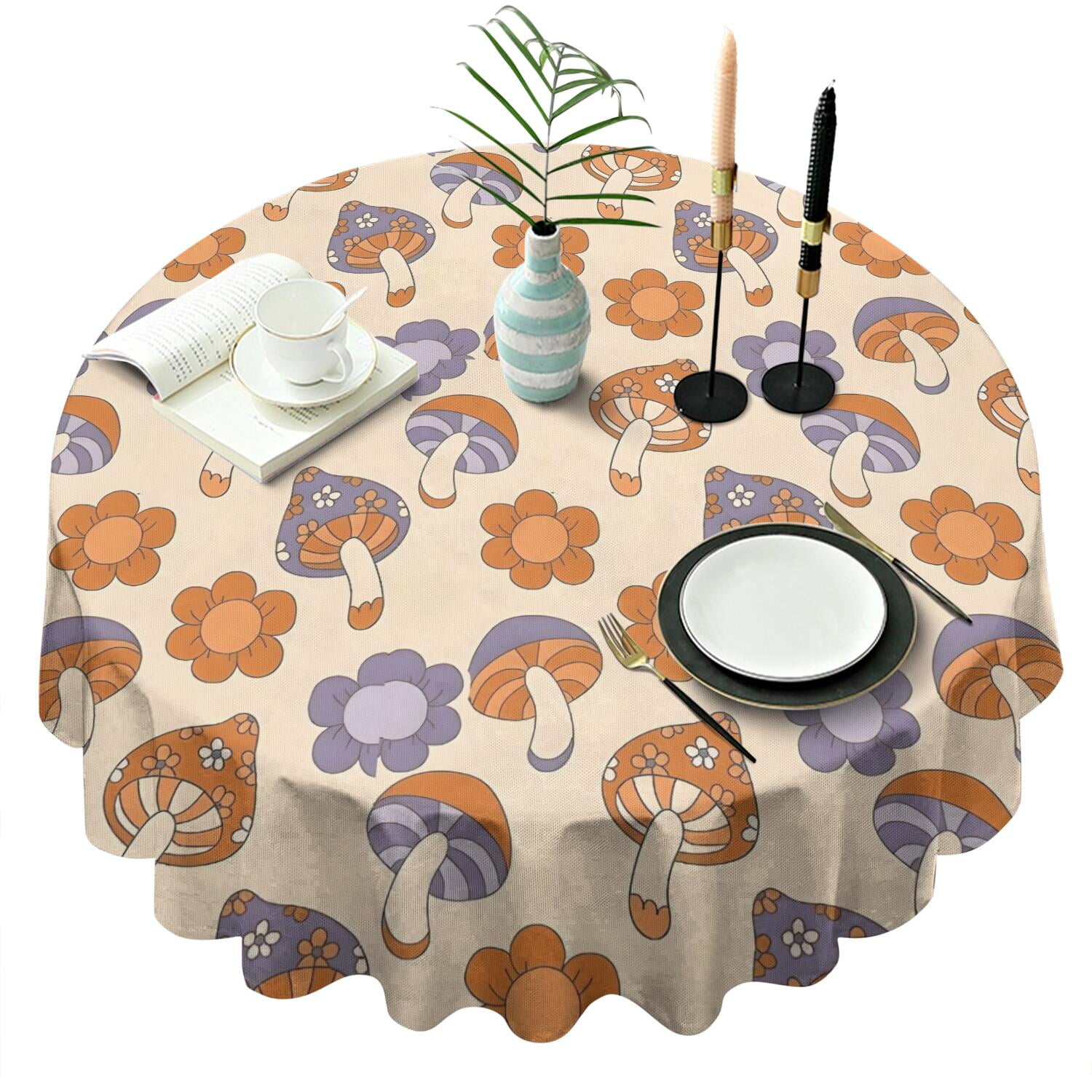Colorful Mushroom Star Dark Pattern Round Tablecloth 60"x60",Wrinkle ...