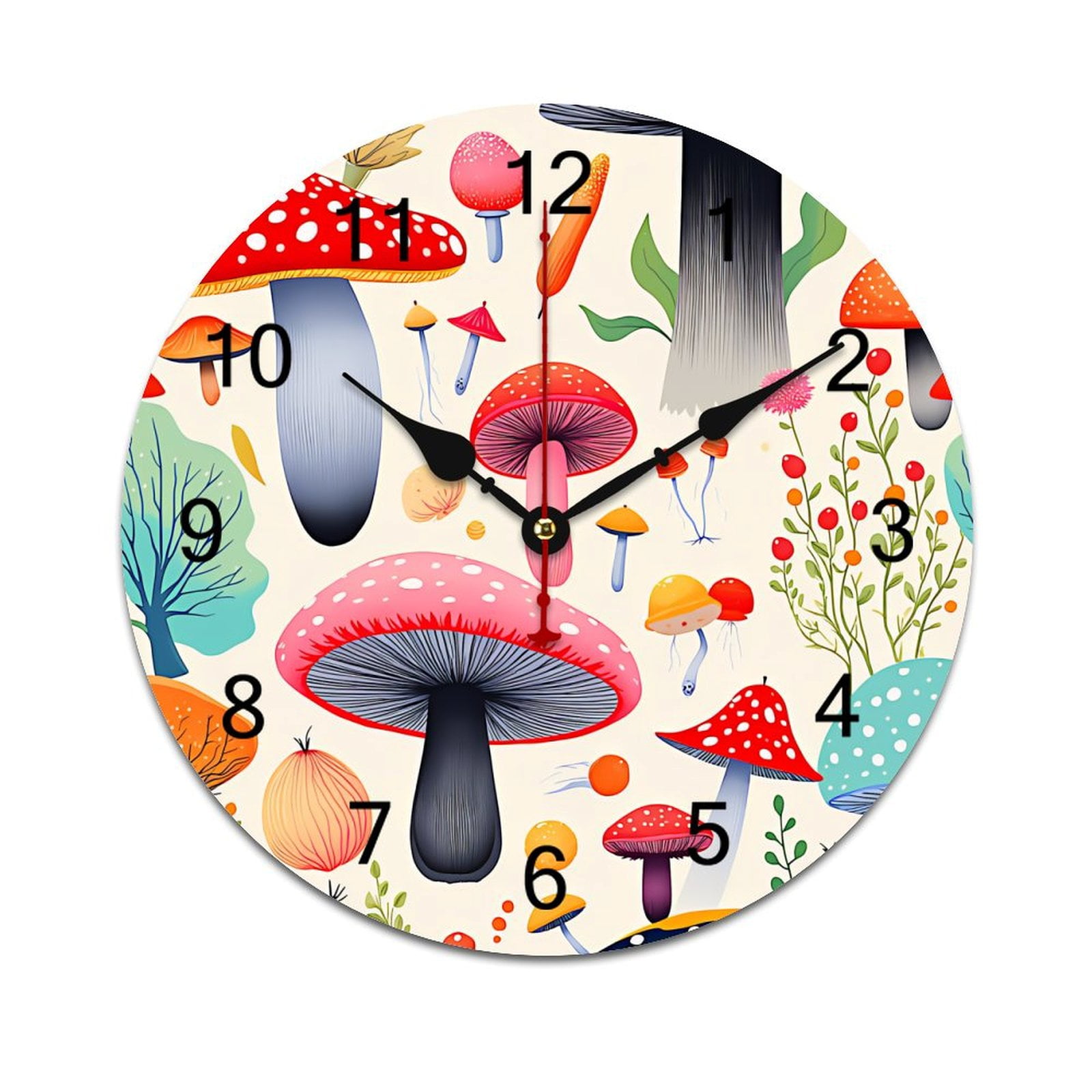 Colorful Mushrooms And Plants Word Saying Big Wall Clock Home Decor Art ...