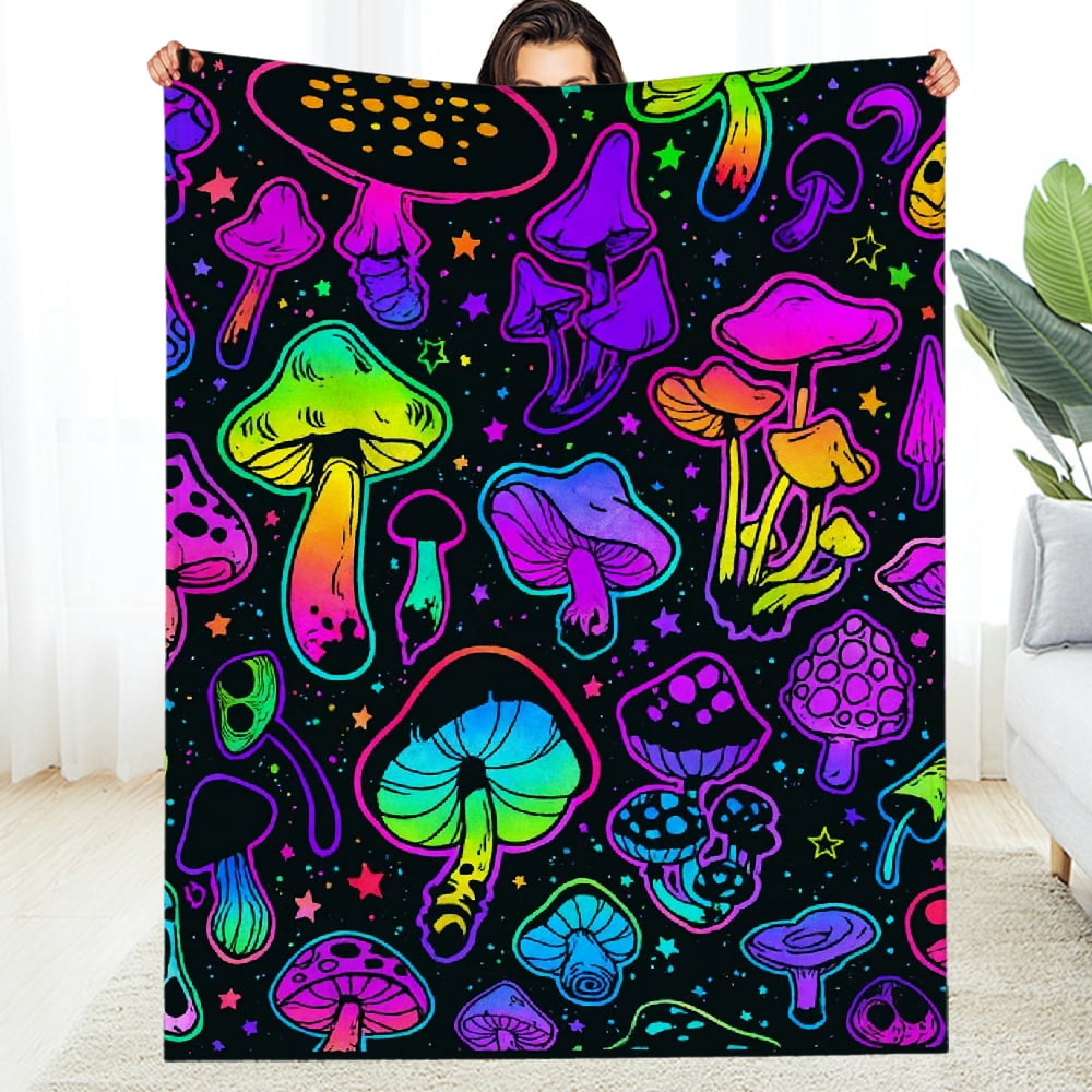 Colorful Mushrooms Neon Stars Pattern Home Leisure Flannel Blanket ...