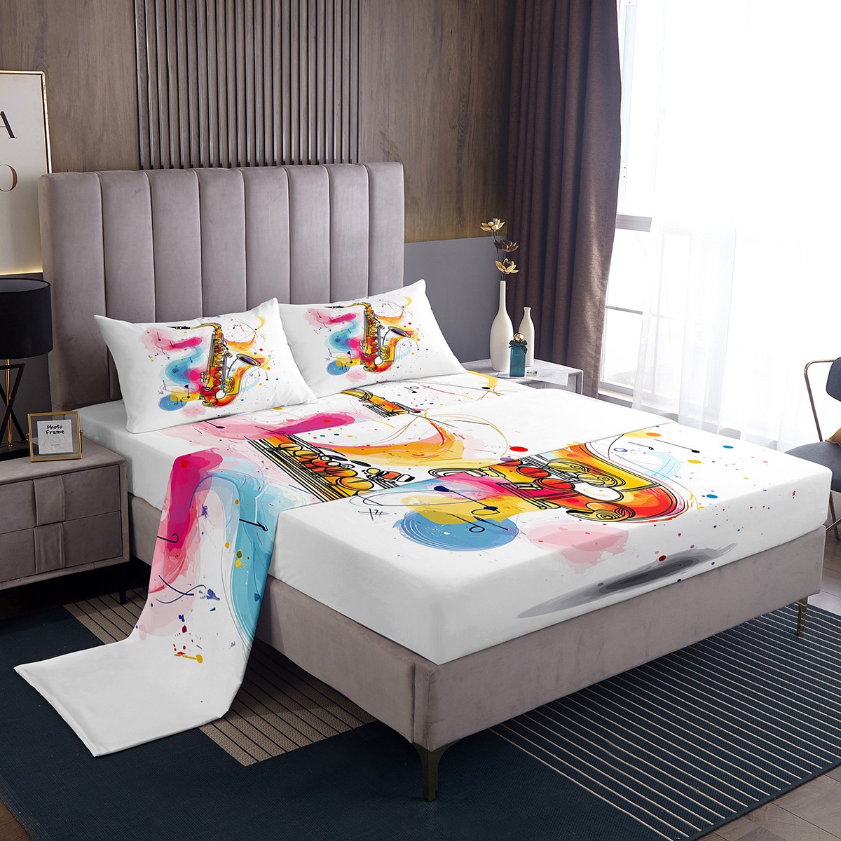 Colorful Music Bed Sheets Set Saxophone Print Modern Sheet Set ...