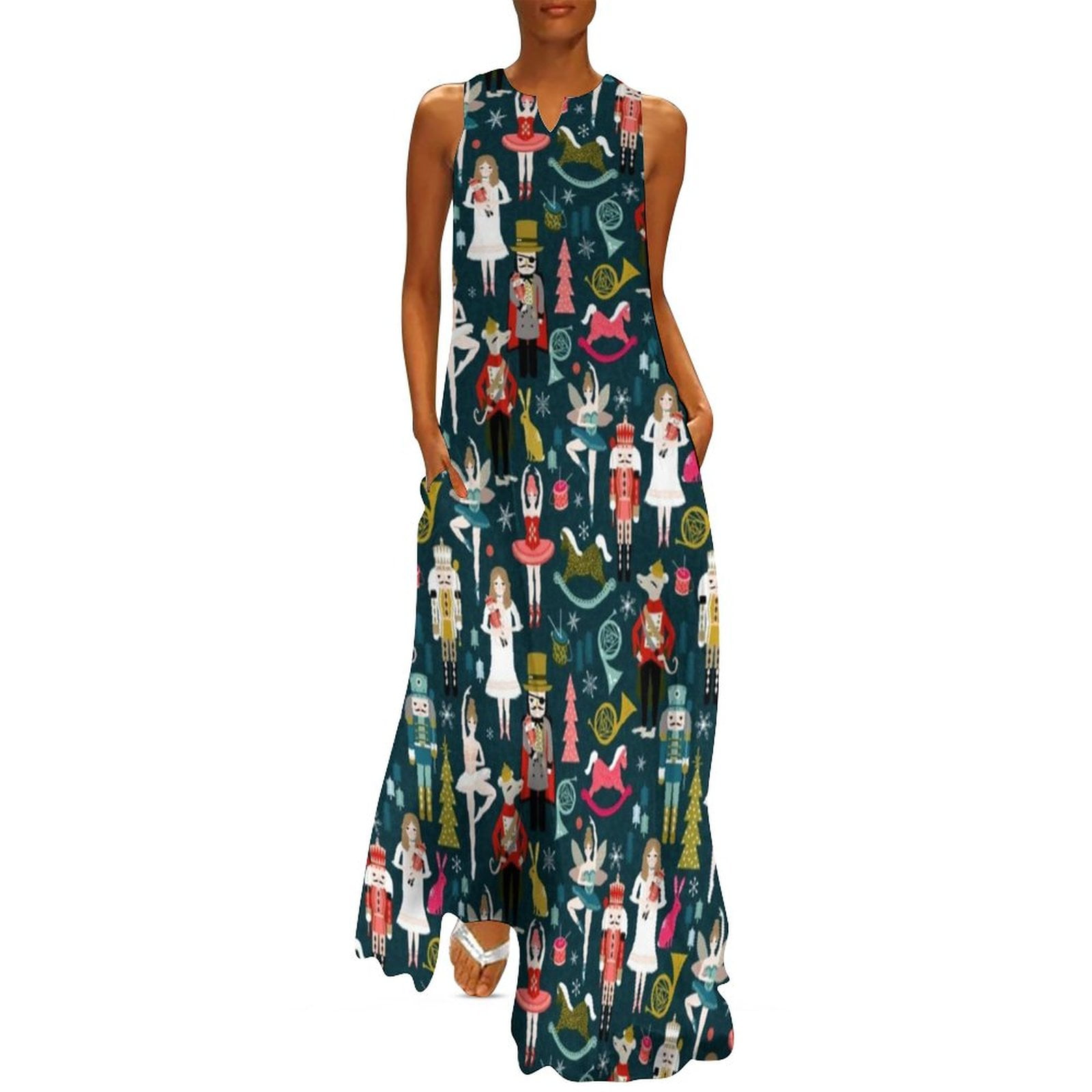 Colorful Music Dress Retro Vinyl Records Party Maxi Dress V Neck ...