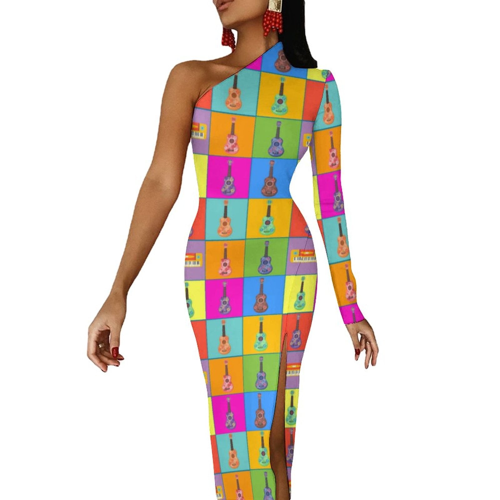 Colorful Music High Slit Bodycon Dress Women Pop Ukulele Art Night Club ...