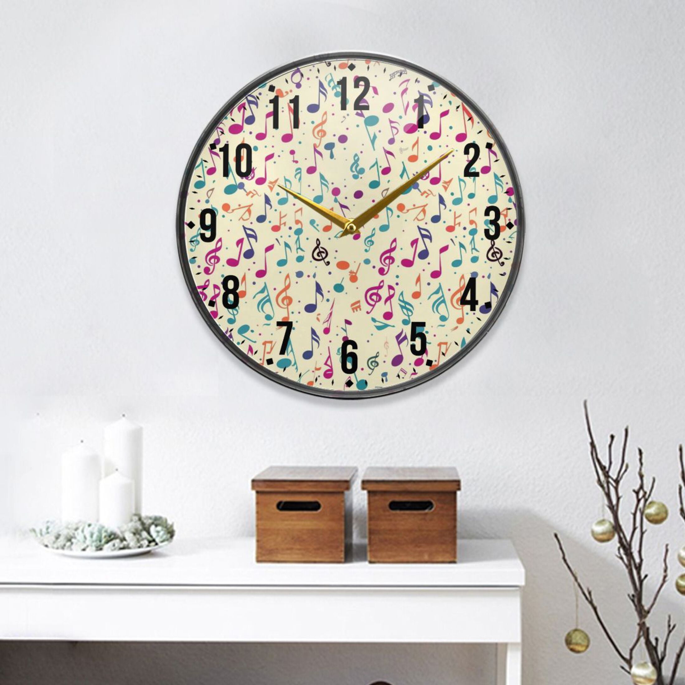 Colorful Music Notes Round Wall Clock 9.5 Inch Non-Ticking Silent ...