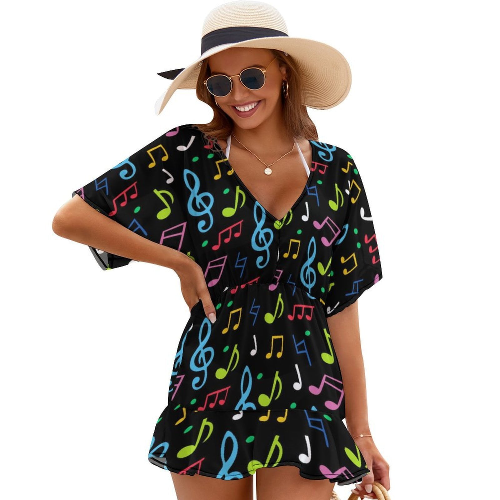Colorful Music Symbols Beach Cover Ups Women V Neck Short Sleeve Dress ...