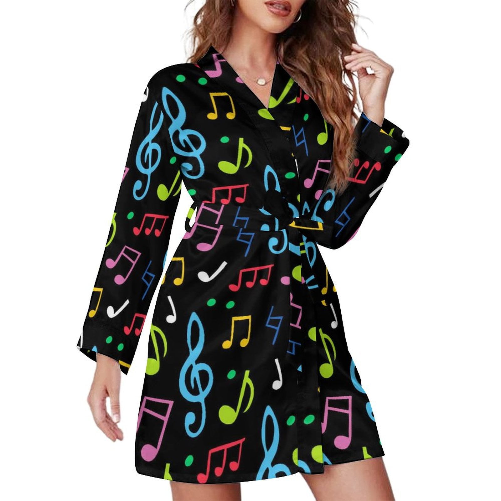 Colorful Music Symbols Night Robe Long Sleeve V Neck Robe With Belt ...