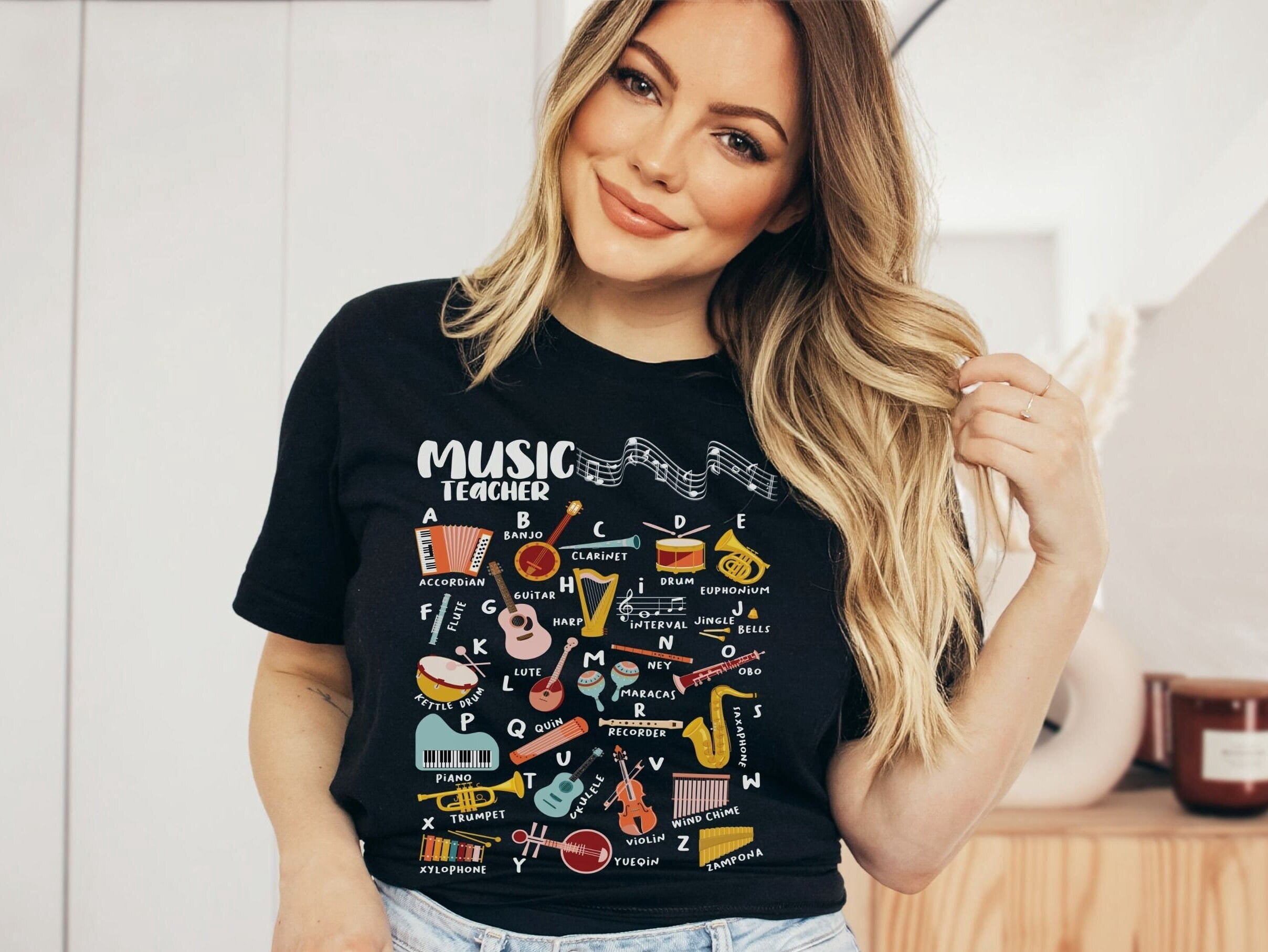 Colorful Music Teacher T-Shirt with Musical Instruments Graphic ...