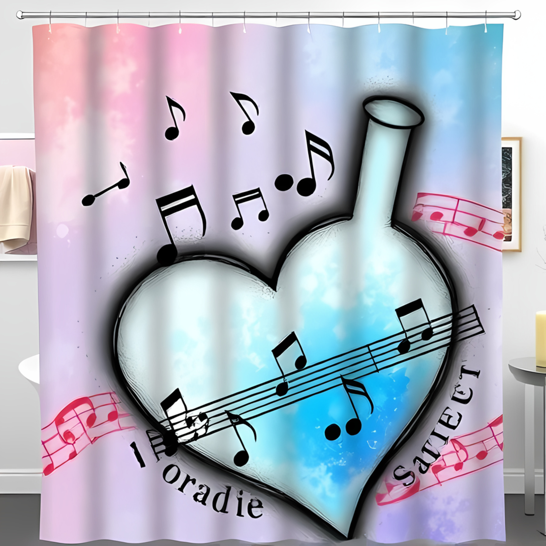 Colorful Music and Shower Curtain with Heart-Shaped Musical Notes and ...