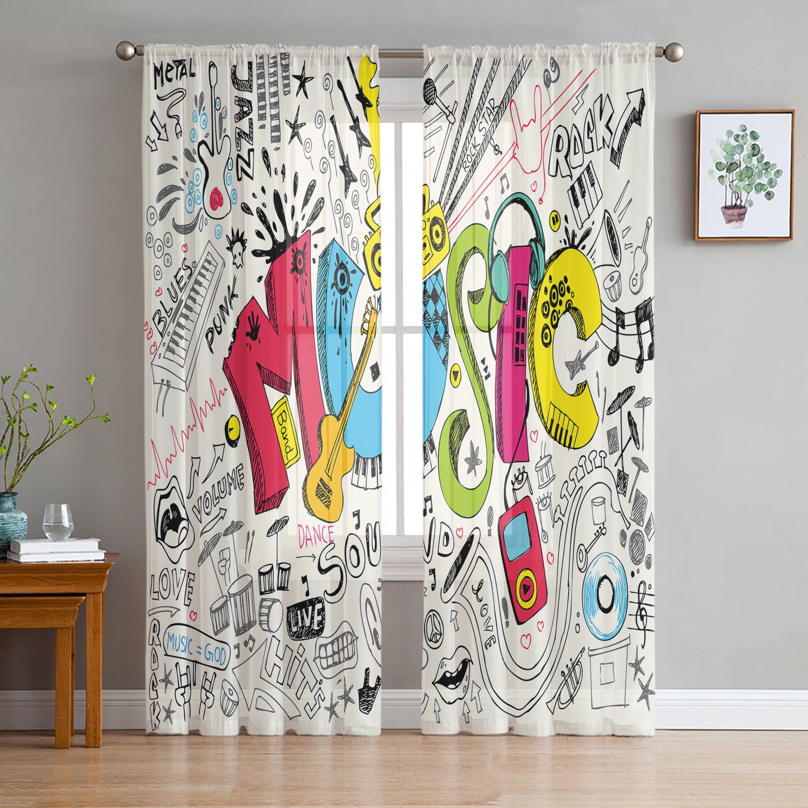 Colorful Musical Notes Music Symbol Sheer Curtains for Living Room ...