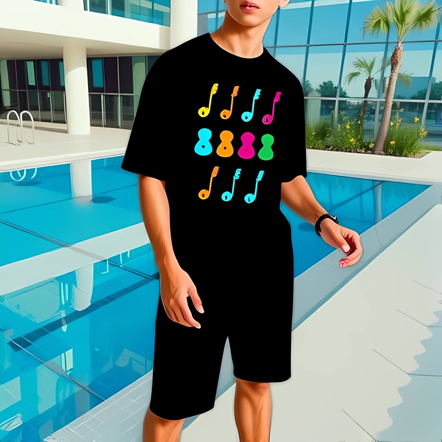 Colorful Musical Notes Pattern Black T-Shirt and Shorts Set for Men ...