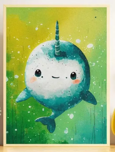 Colorful Narwhal Art Print, Happy Kids Wall Art, Rainbow Ocean Animal ...