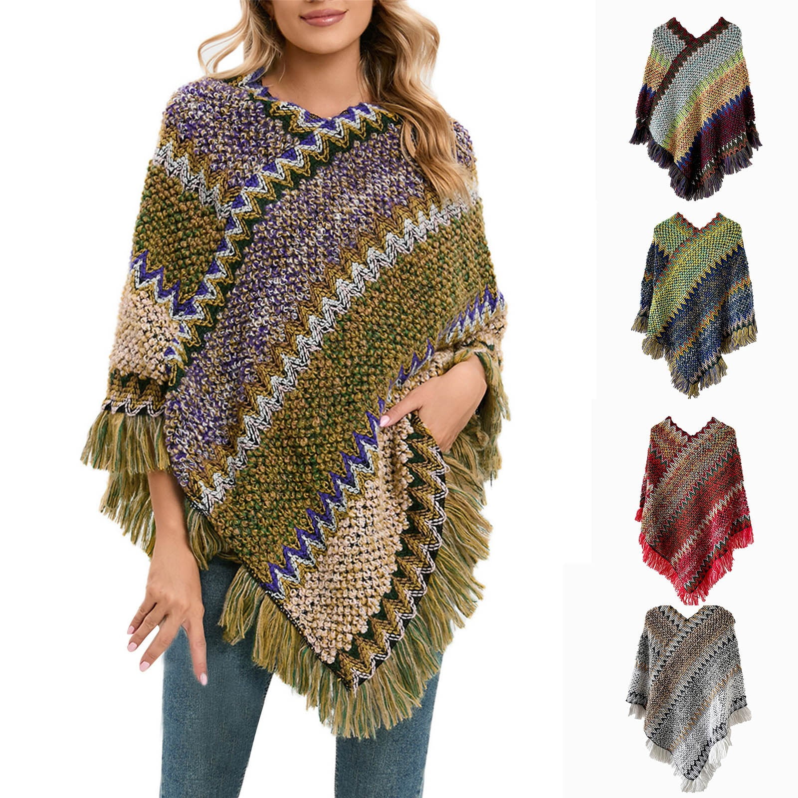 Colorful National Print Knitted Poncho with Tassels Fringed Wrap Shawl ...