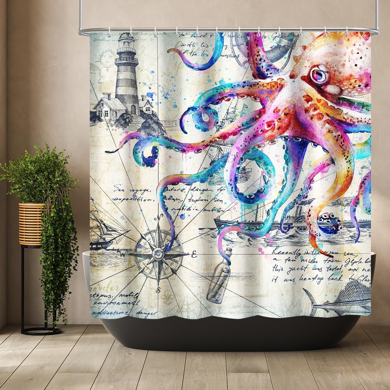 Colorful Nautical Octopus Shower Curtain Funny Ocean Kraken Shower ...