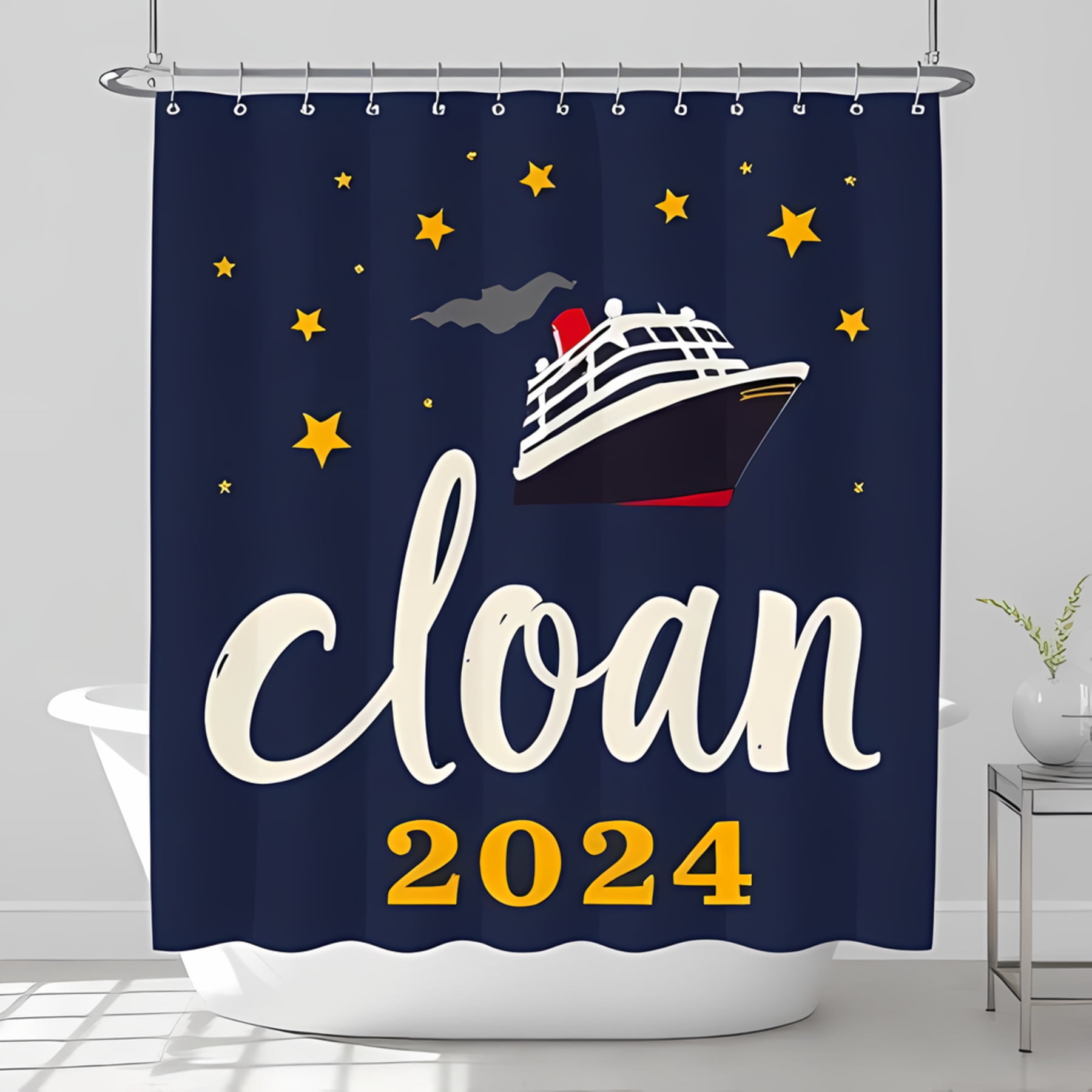Colorful Navy Blue Shower Curtain with Whimsical Cruise Ship Bold ...