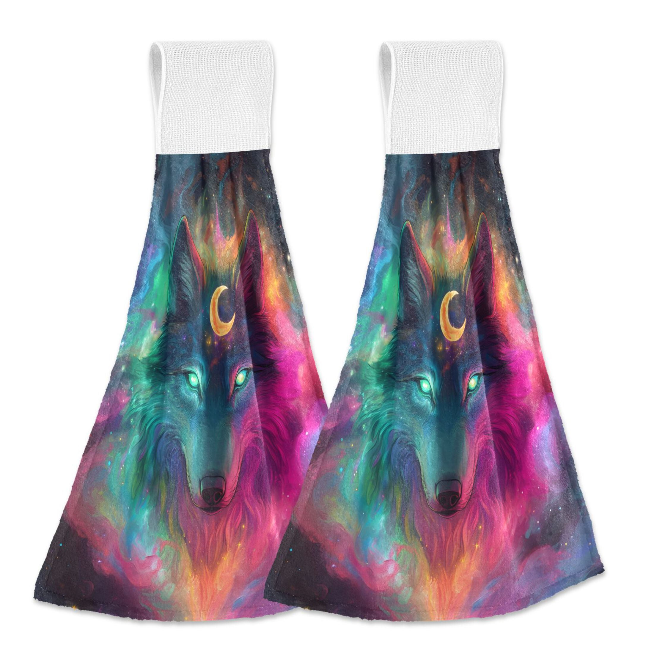 Colorful Nebula Wolf Face with Moon Hanging Towels with Loop Hand ...