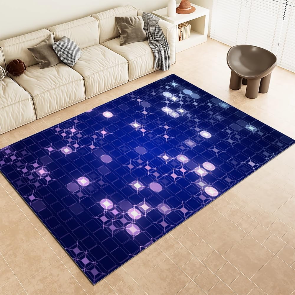 Colorful Neon Area Rug Simple Plaid Short Pile Non-Slip Rugs Blue And ...