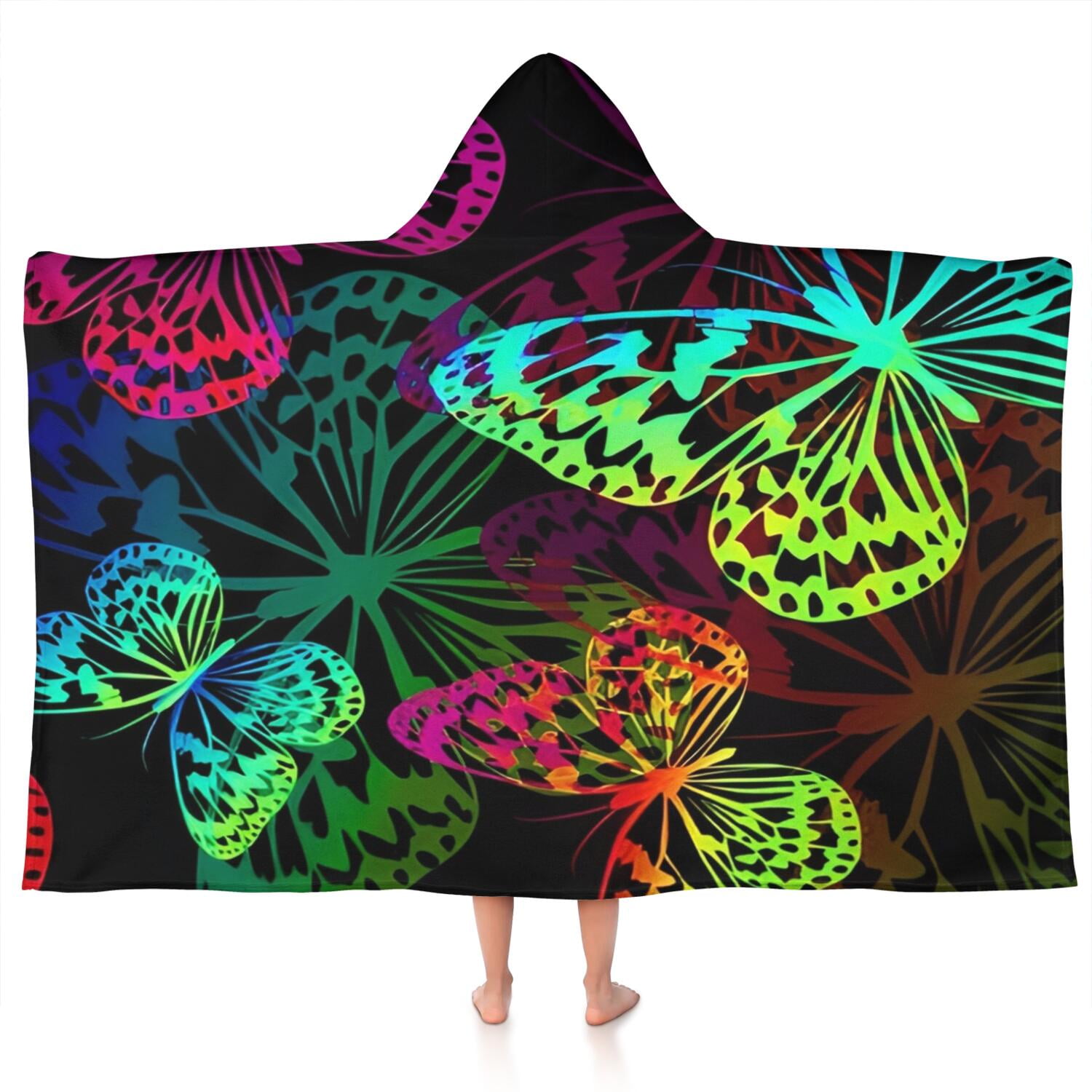 Colorful Neon Butterfly Pattern Hooded Bath Towel，50"x30" for Ages 3 To ...
