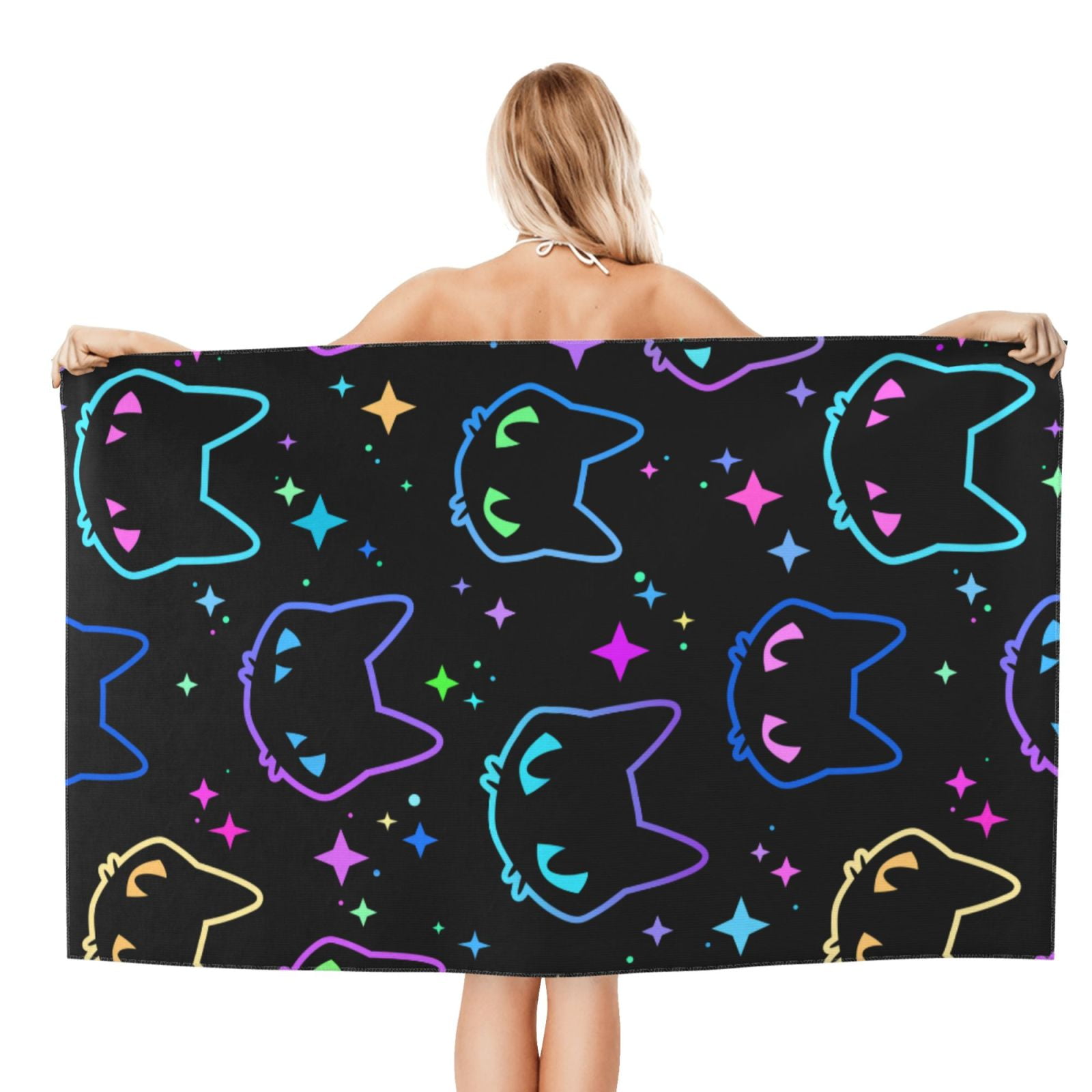 Colorful Neon Cat Head Large Beach Towel - Plush Thick Cotton Pool ...