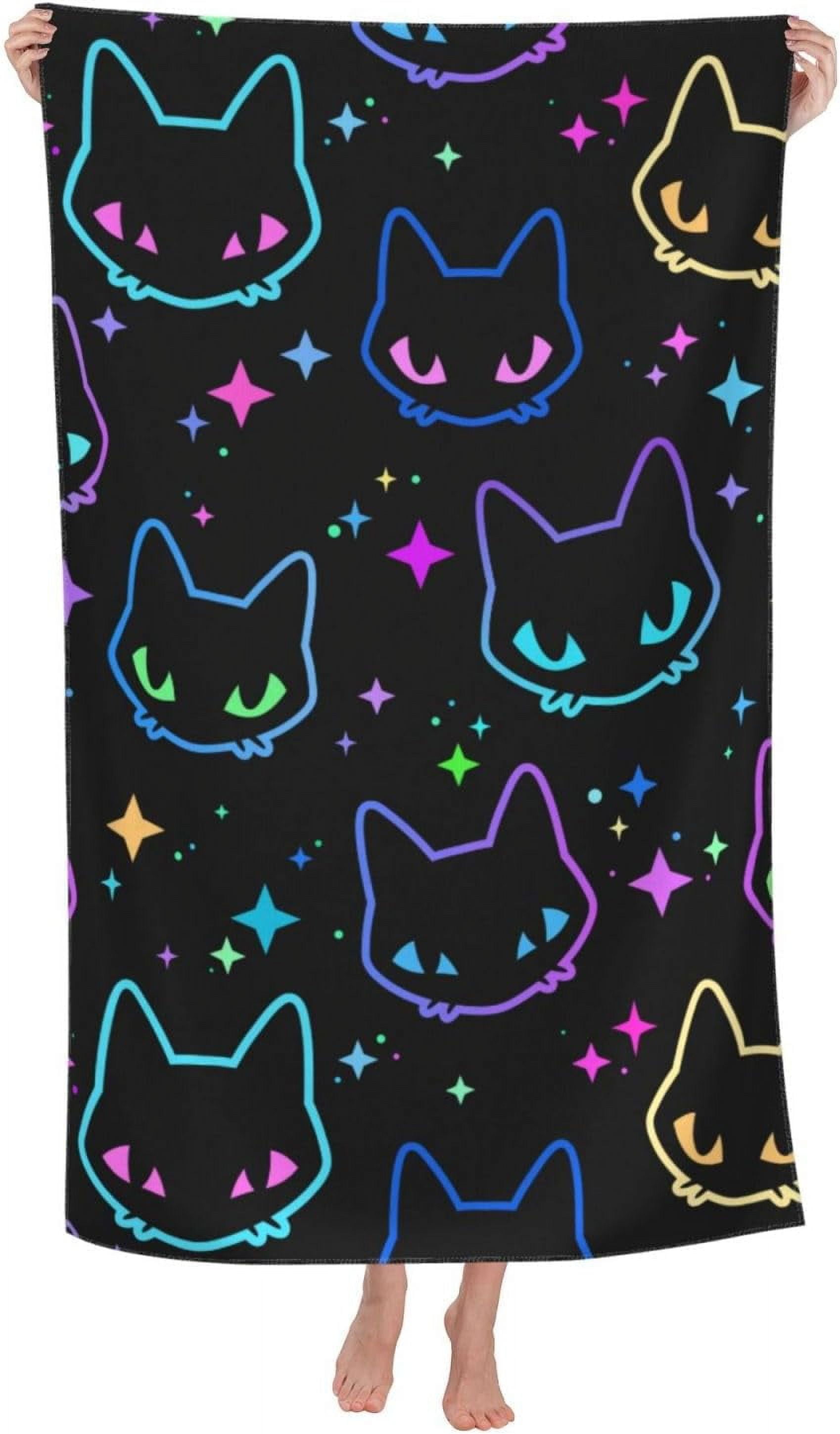 Colorful Neon Cat Head Large Beach Towel - Plush Thick Cotton Pool ...