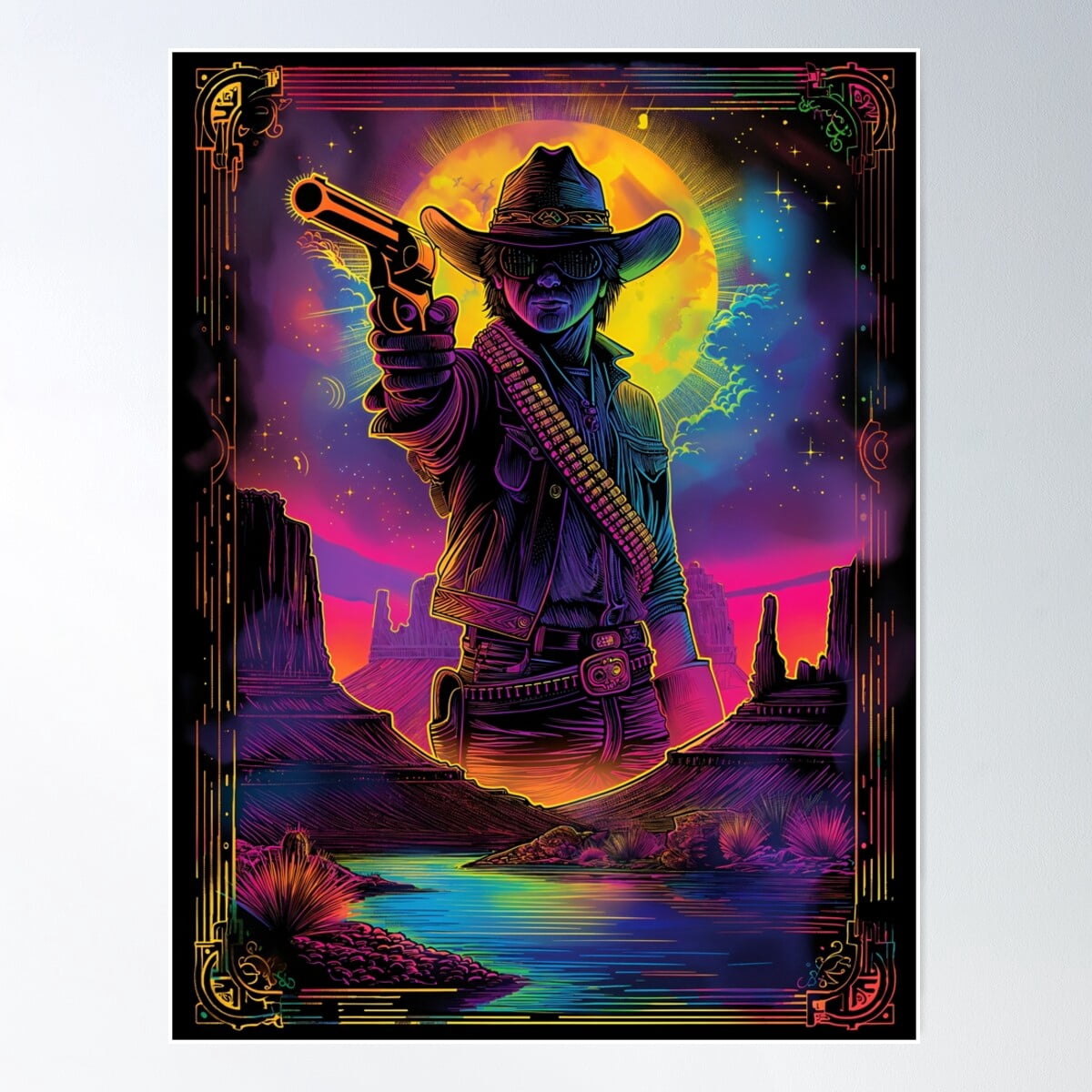 Colorful Neon Cowboy Scenic Poster Wall Art, Modern Wall Decor For ...