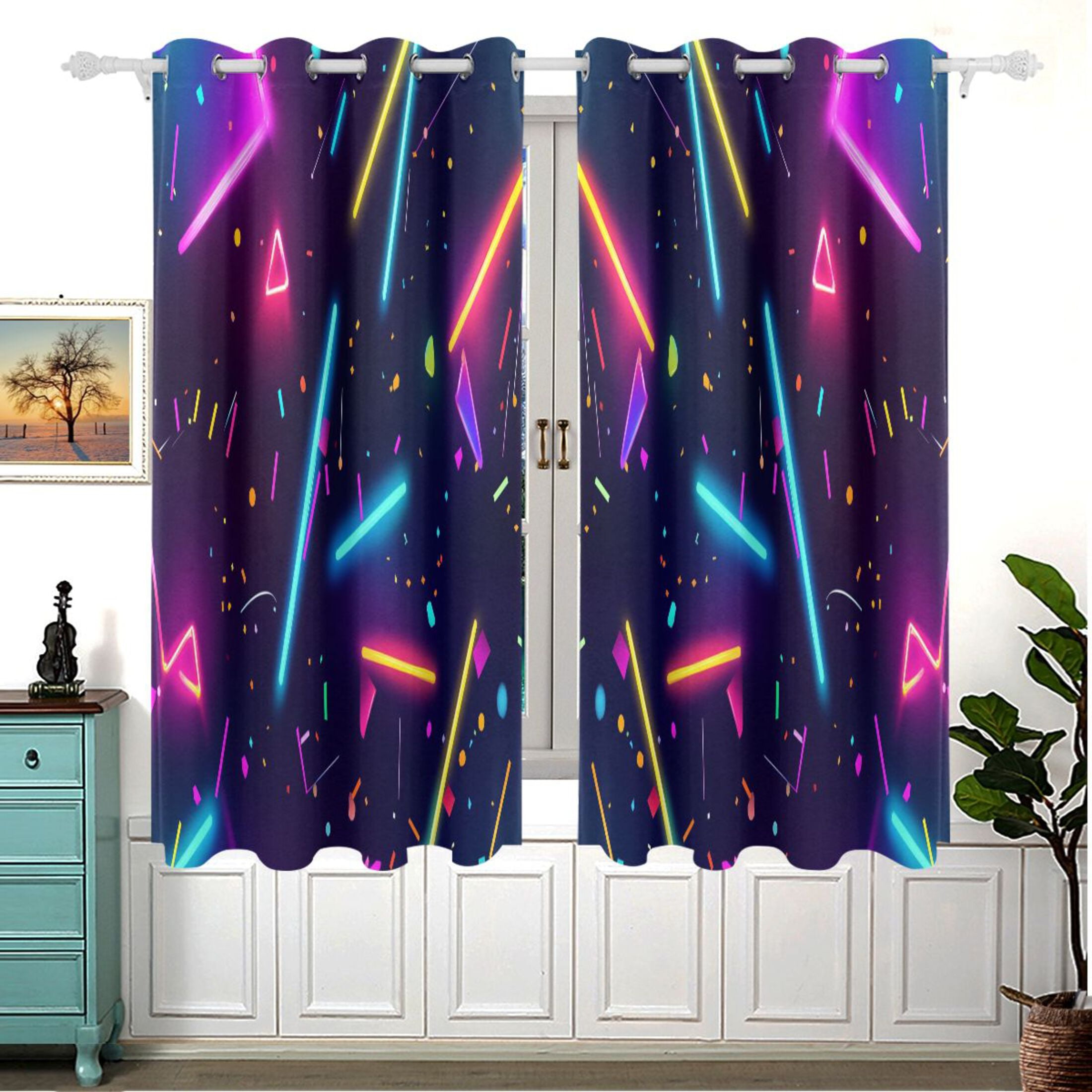 Colorful Neon Design 63x55in Window Curtain Panels 63x55in 2-Piece ...