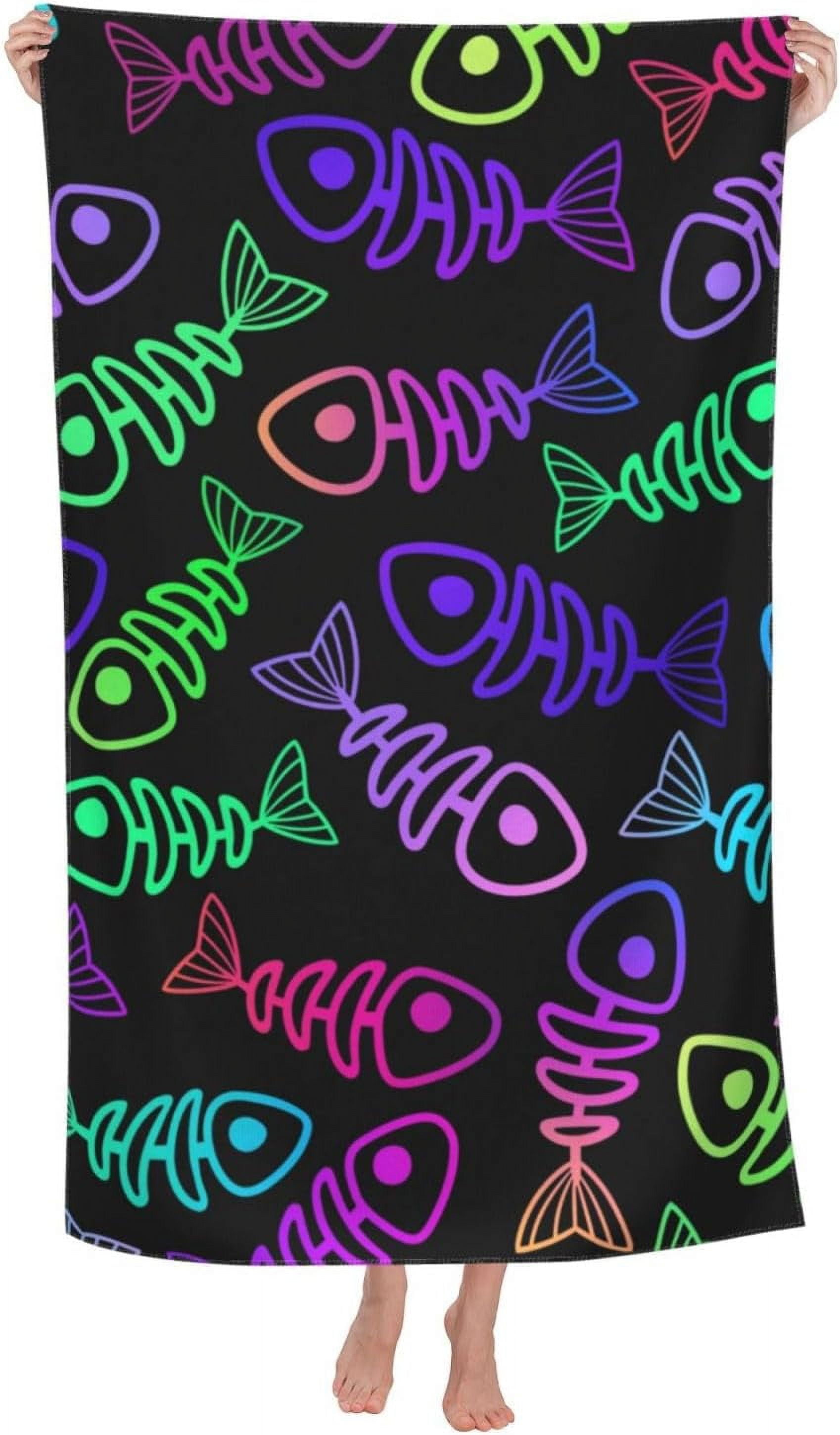Colorful Neon Fish Skeleton Large Beach Towel - Plush Thick Cotton Pool ...
