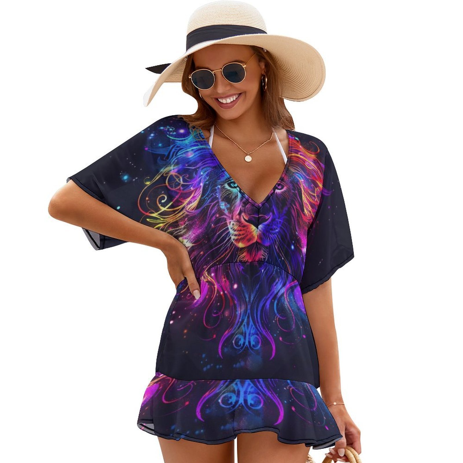 Colorful Neon Lion Art Beach Cover Ups Women V Neck Short Sleeve Dress ...