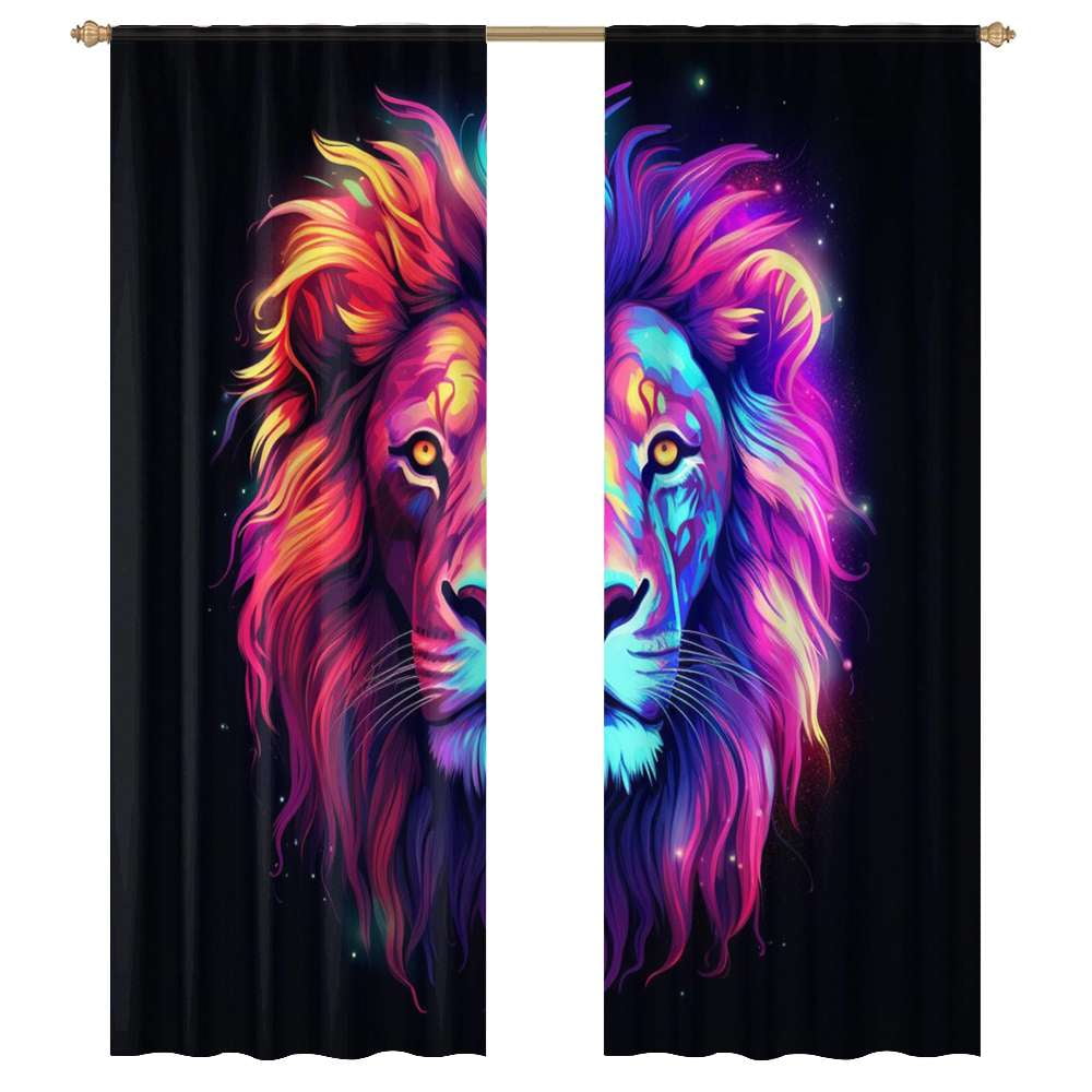 Colorful Neon Lion Art Sheer Window Curtains for Living Room Kitchen ...